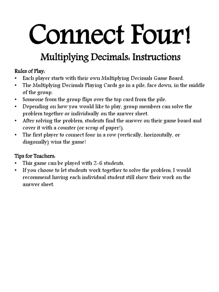 Connect Four: Multiplying Decimals Game | PDF | Games Of Mental Skill ...