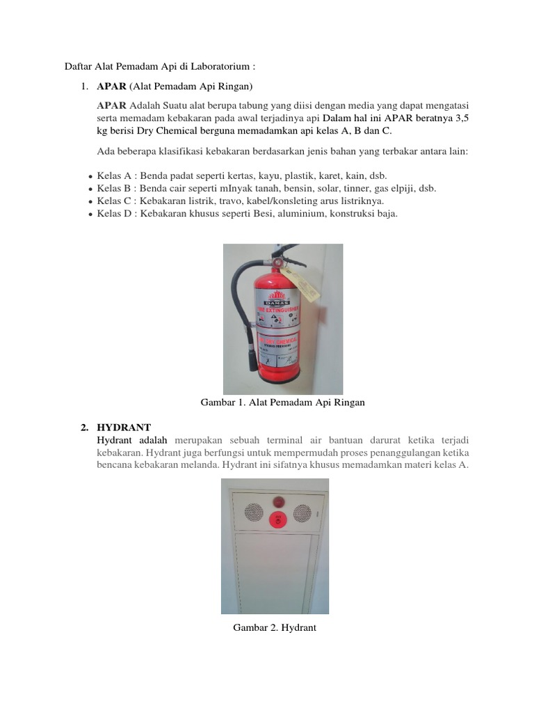 Daftar Alat Pemadam API Di Laboratorium | PDF