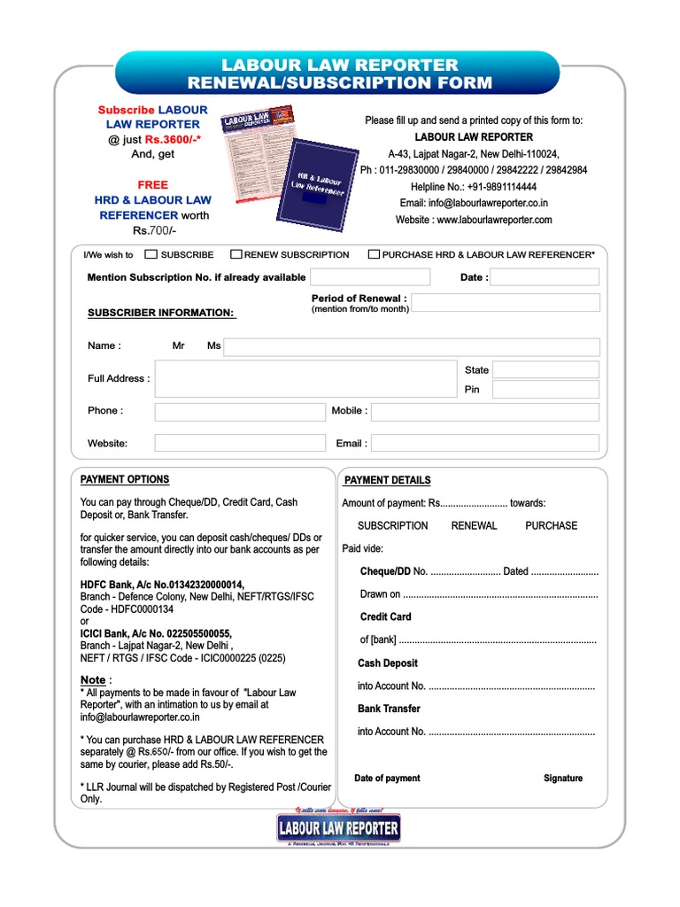 LLR Subscription Form 2018 | PDF | Cheque | Subscription Business Model