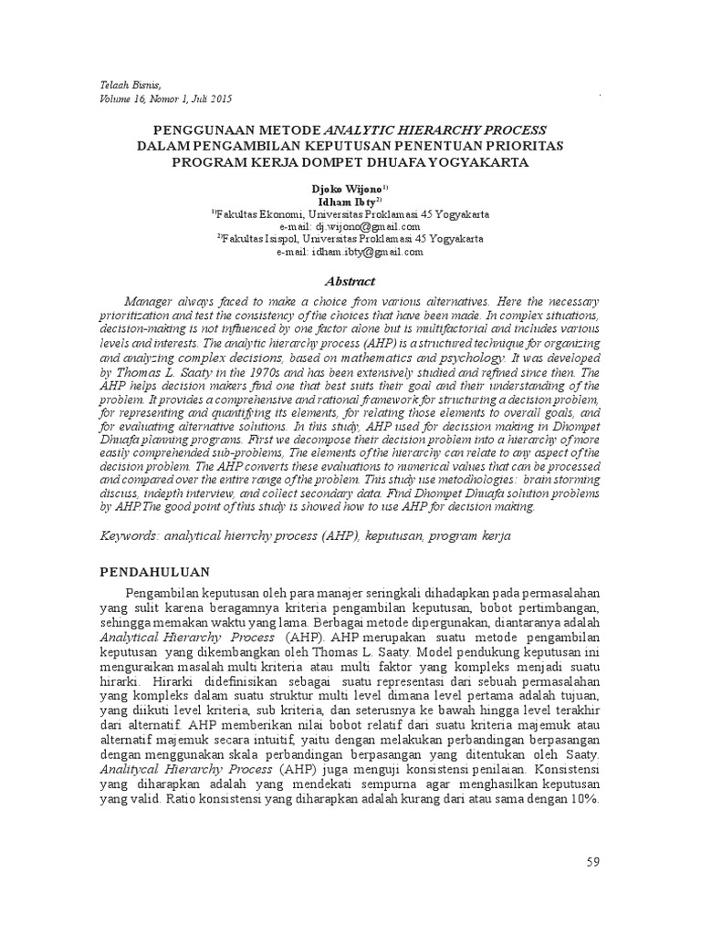 Penggunaan Metode Analytic Hierarchy Process Dalam Pengambilan Keputusan Penentuan Prioritas ...