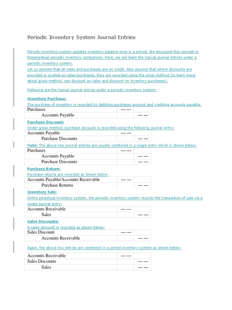 Periodic Inventory System Journal Entries | PDF | Debits And Credits ...