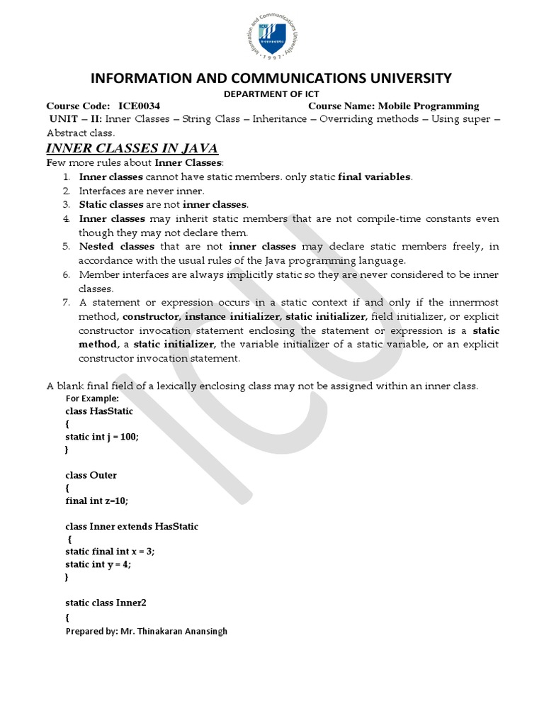 Information and Communications University: Inner Classes in Java | PDF ...
