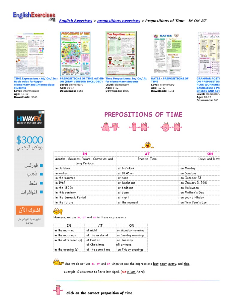 English Exercises - Prepositions of Time - in On at | PDF | Observances ...