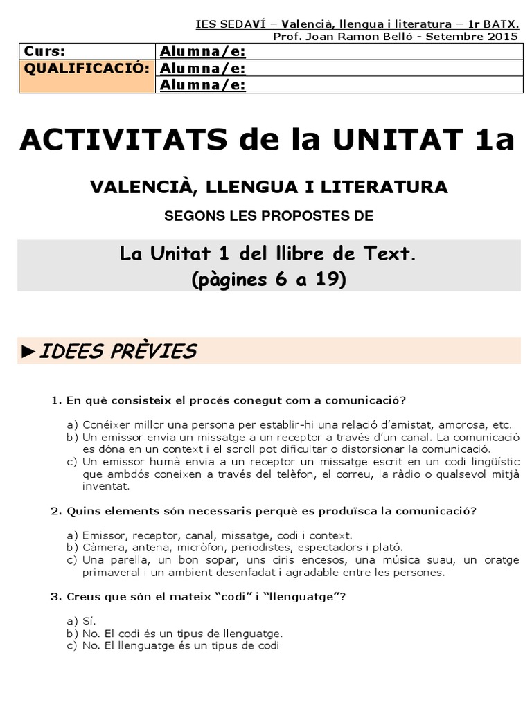 01 - ACTIVITATS UNITAT 1 - Continguts 2015 PDF | PDF
