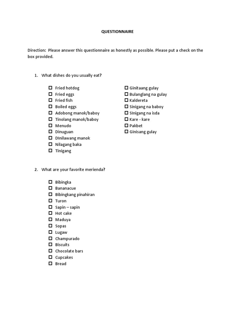 Questionnaire | Cuisine | Food And Drink Preparation