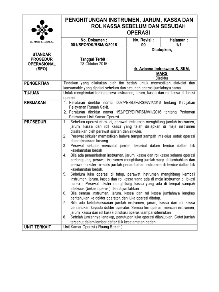 Spo Unit Kamar Operasi | PDF | Teknologi & Rekayasa