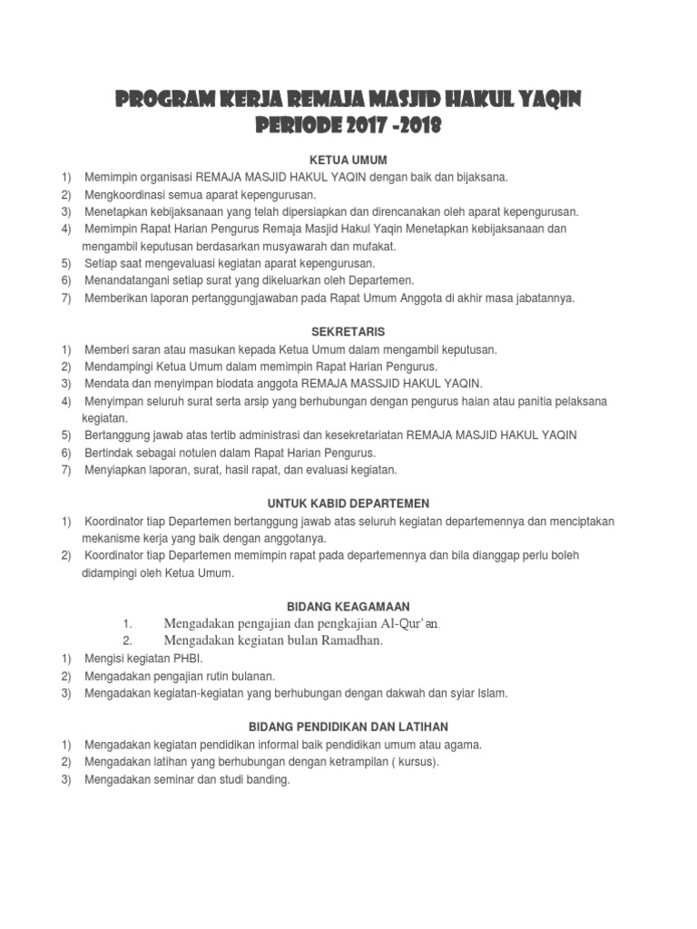 Program Kerja Remaja Masjid 2017-2018 | PDF | Karier & Perkembangan ...