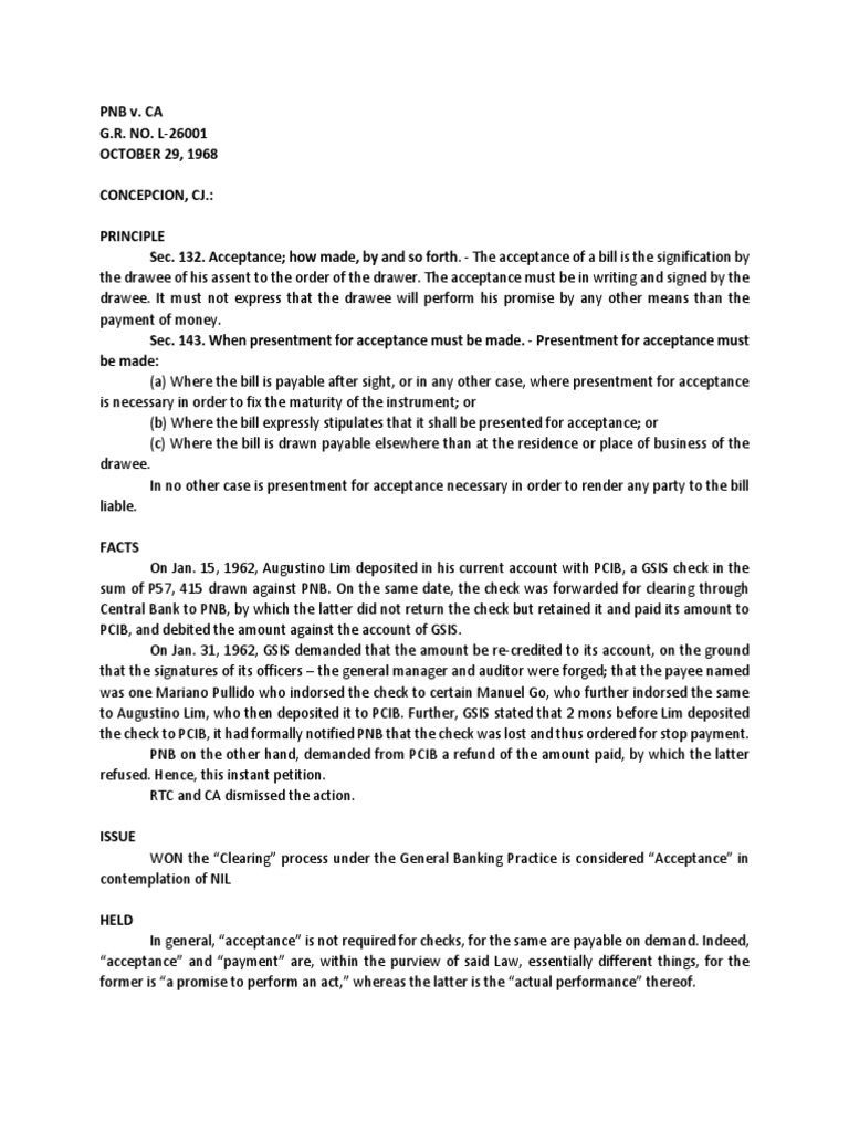 PNB v. CA Digest | PDF | Cheque | Payments