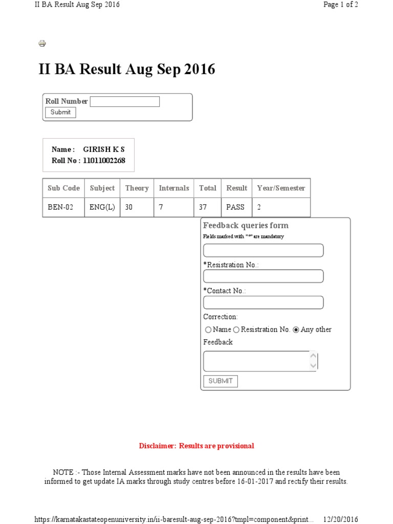 II BA Result Aug Sep 2016: Roll Number | PDF