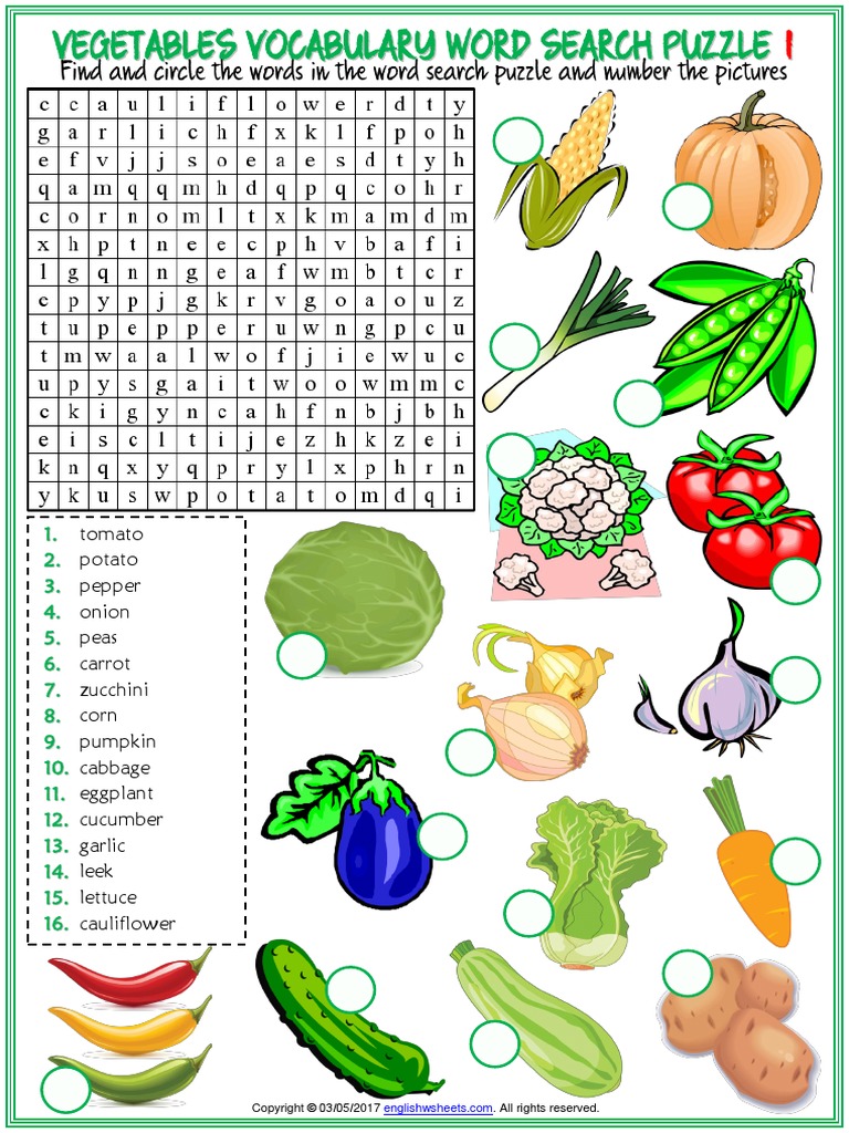 Vegetables Vocabulary Esl Word Search Puzzle Worksheets For Kids | PDF ...