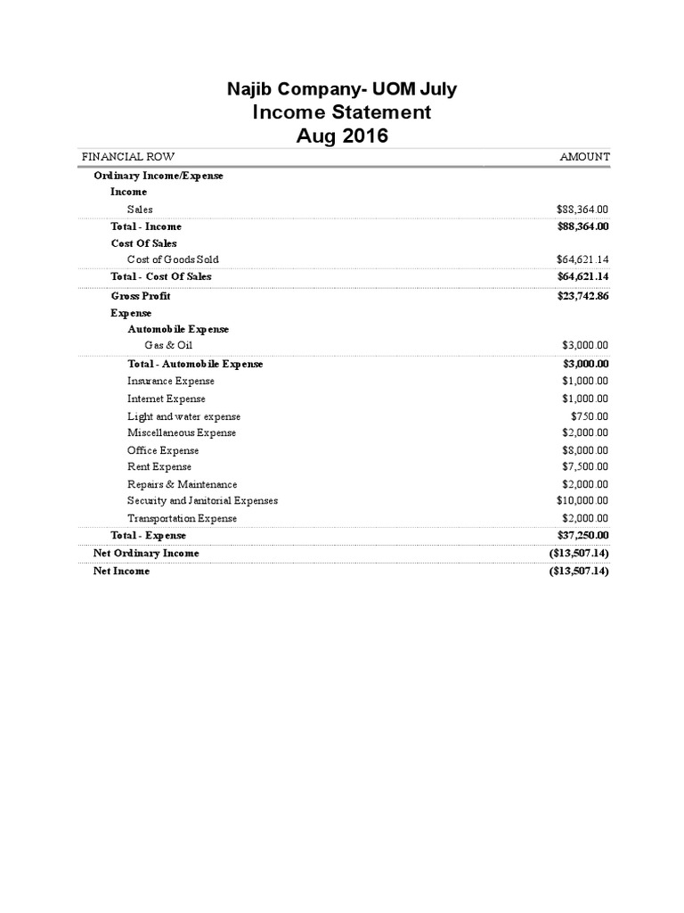 Najib Company July 2016 Income Statement | PDF