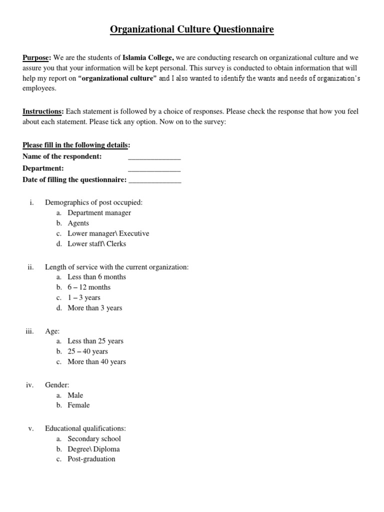 Organizational Culture Questionnaire New | PDF | Questionnaire | Survey ...