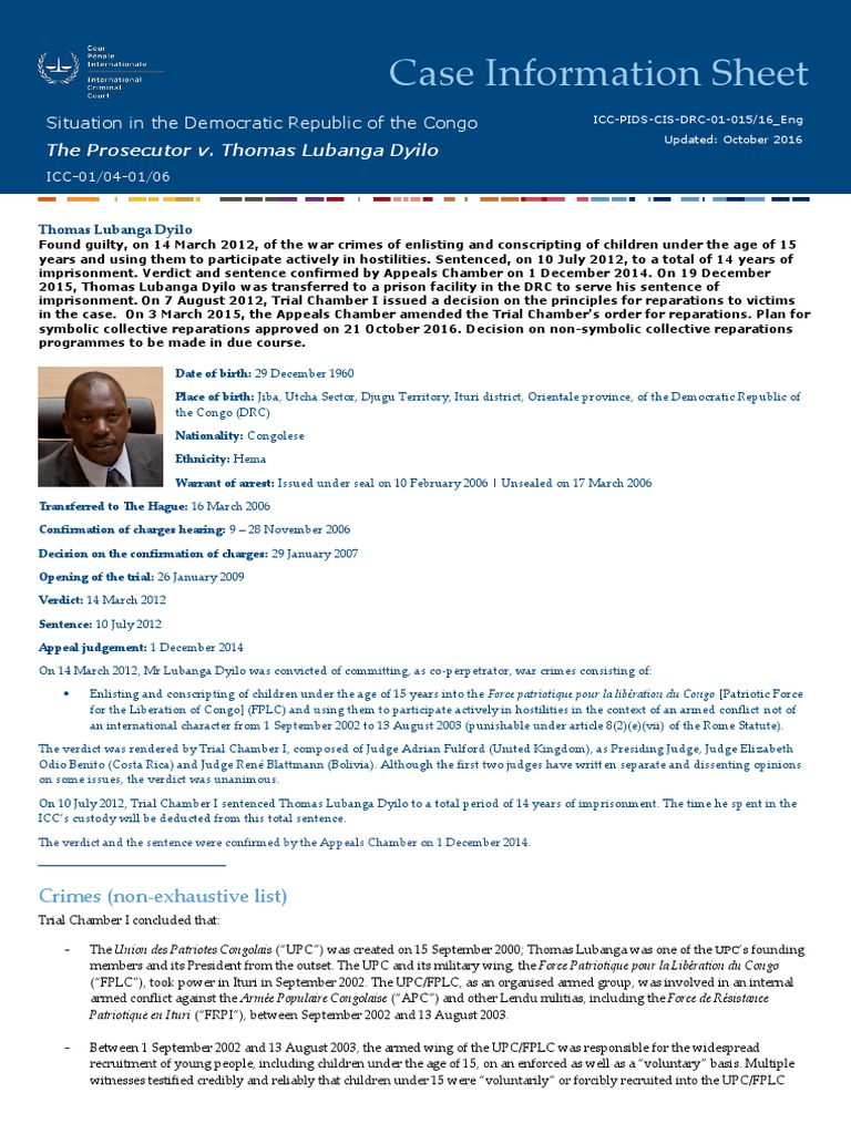 Case Information Sheet: The Prosecutor v. Thomas Lubanga Dyilo | PDF ...