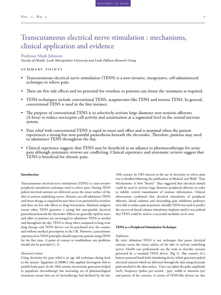 Transcutaneous Electrical Nerve Stimulation: Mechanisms, Clinical ...