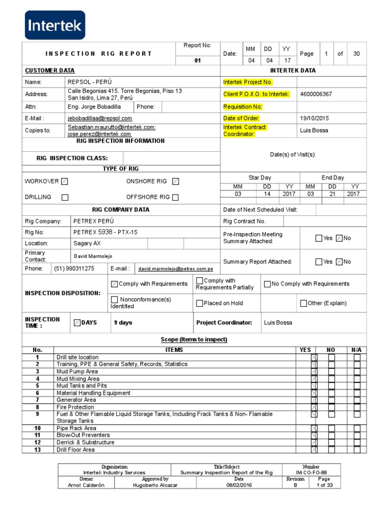 Im-Co-Fo-88 Summary Inspection Report of The Rig PTX 15 - Mar - 1 | PDF ...
