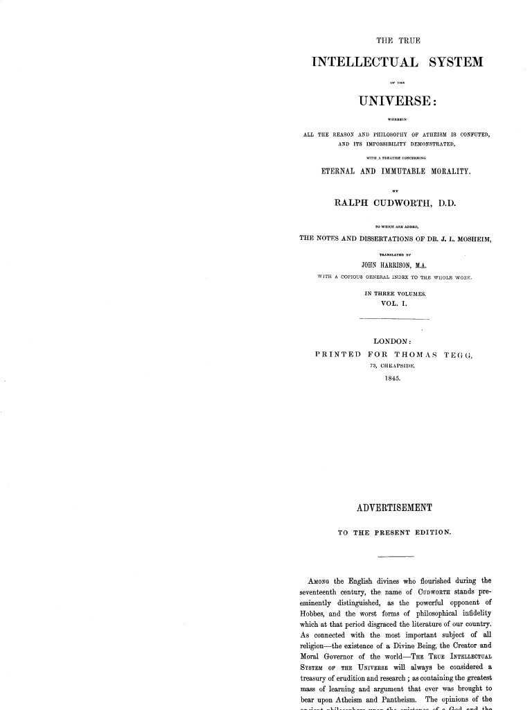 True Intellectual System of The Universe V1. Cudworth | PDF