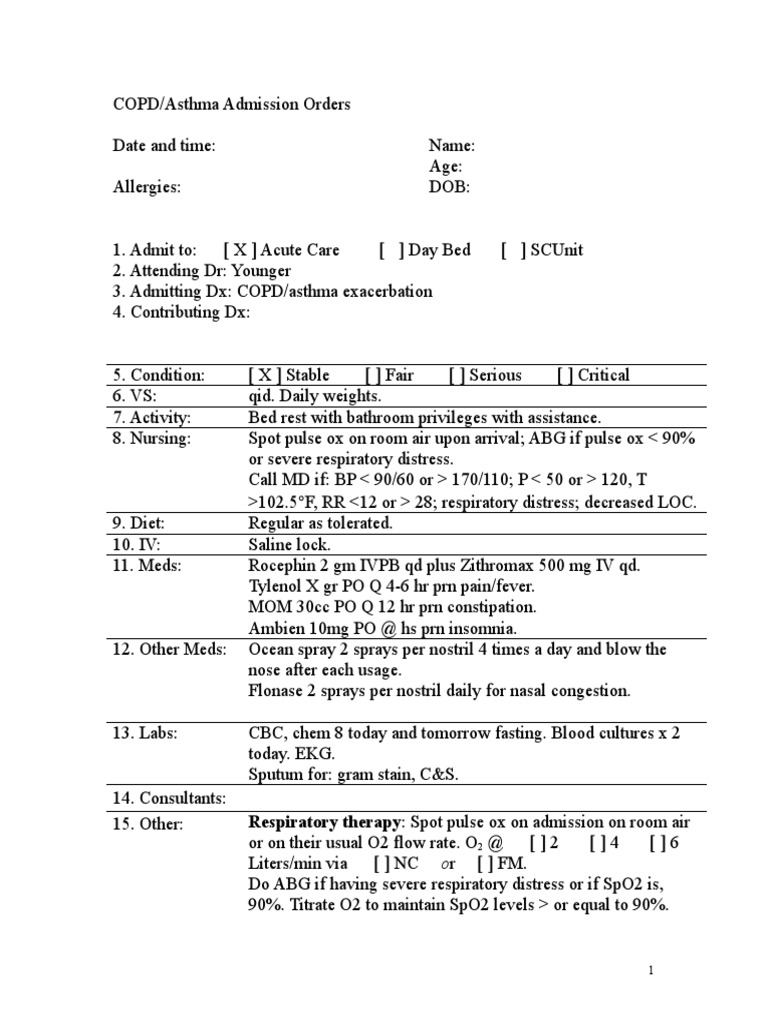 COPD-Asthma Exacerbation Admission Orders | Chronic Obstructive ...