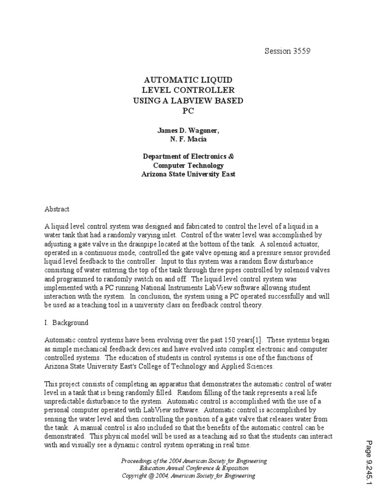 Automatic Liquid Level Controller Using Labview | PDF | Control Theory | Valve