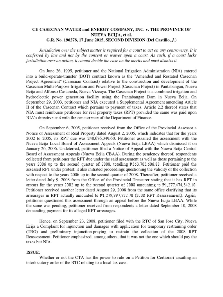 CE Casecnan v. Province of Nueva Ecija | PDF | Jurisdiction | Certiorari
