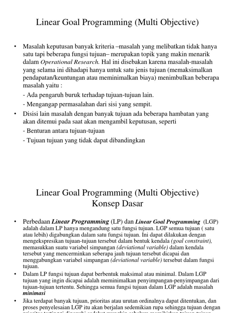Linear Goal Programming Multi Objective Pdf