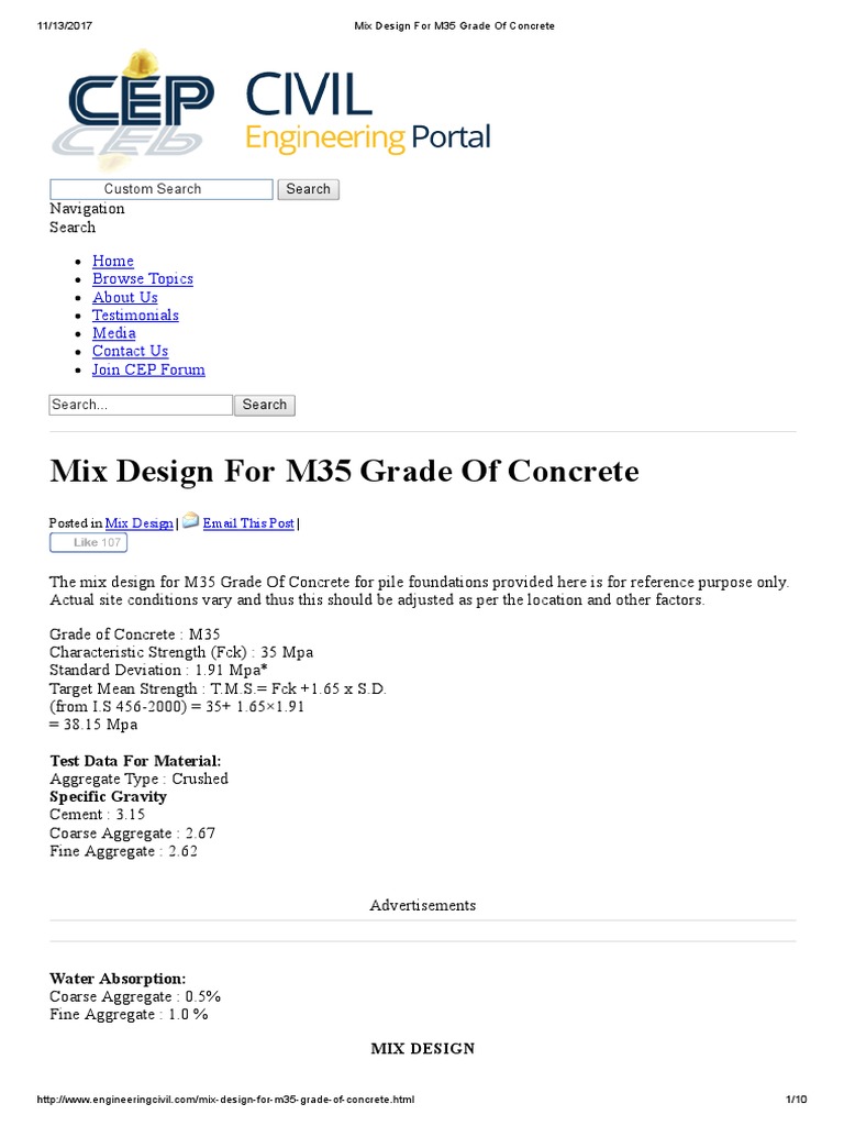 Mix Design For M35 Grade of Concrete | PDF | Construction Aggregate ...