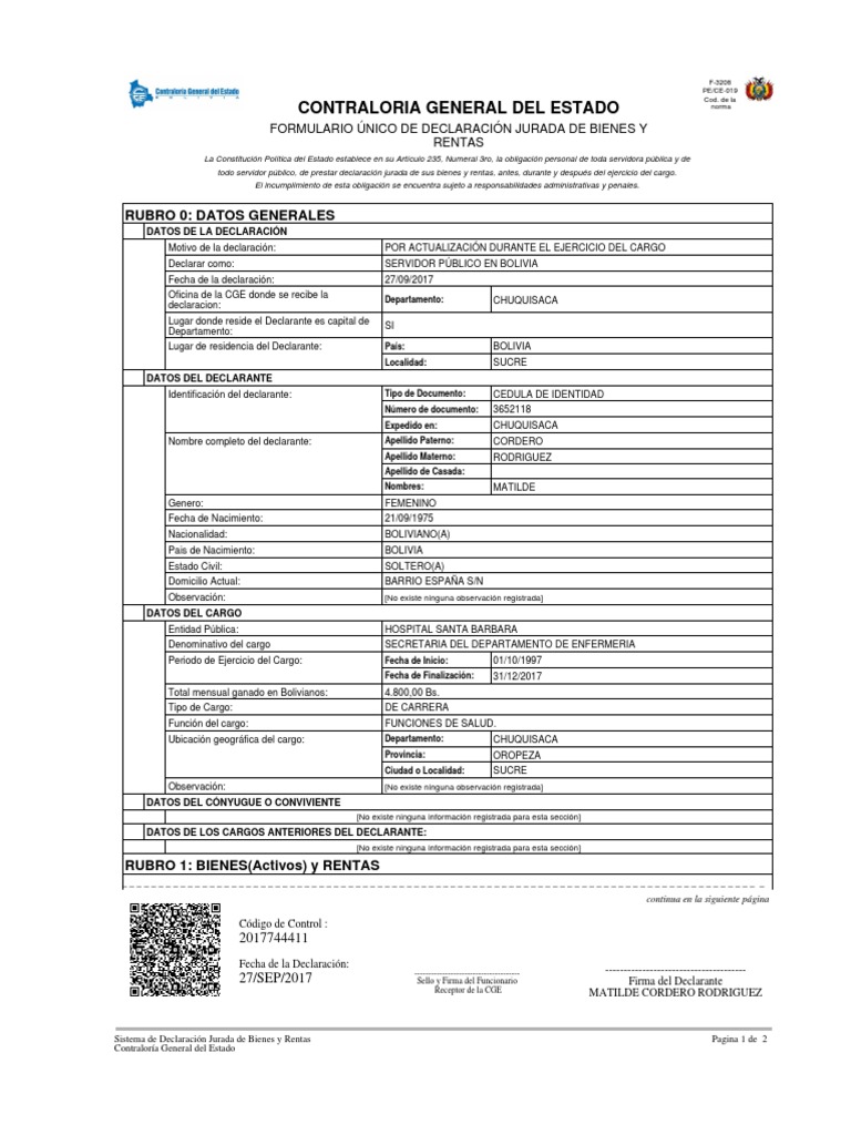Certificado Único de Declaracion Jurada de Bienes y Rentas | PDF | Bolivia