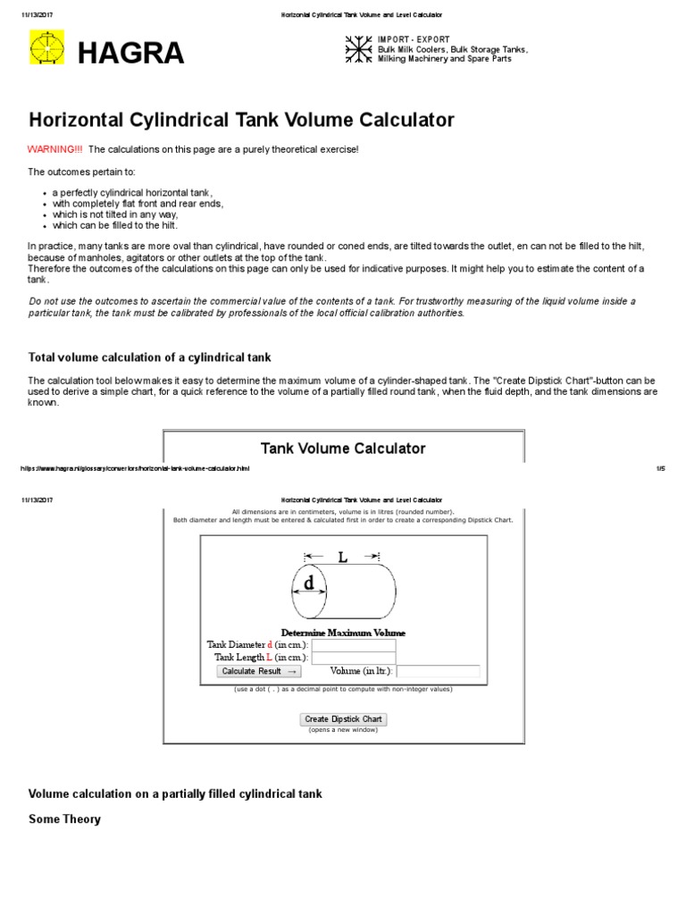 Horizontal Cylindrical Tank Volume and Level Calculator | PDF | Volume ...