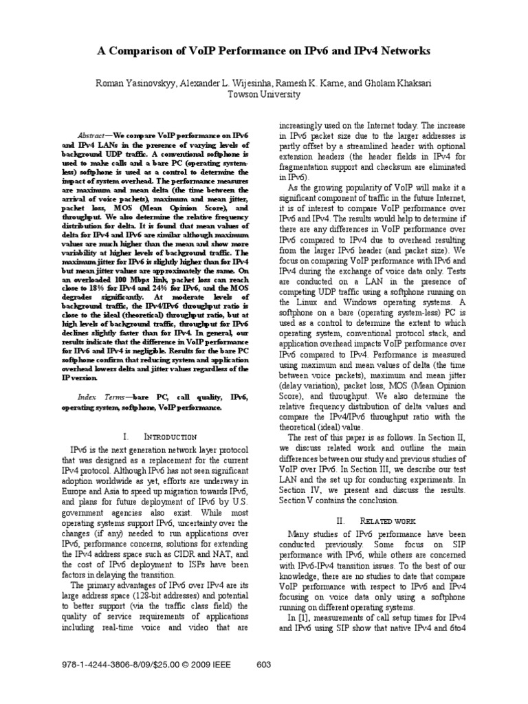 A Comparison of VoIP Performance On IPv6 and IPv4 Networks | PDF