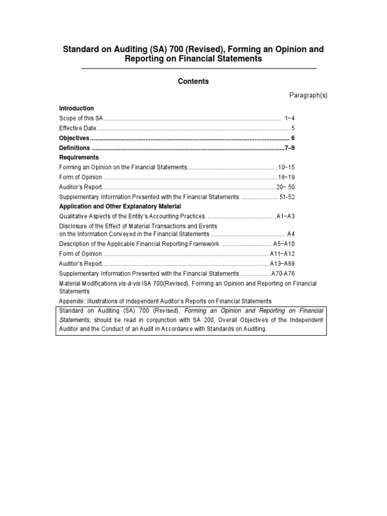 Standard On Auditing (SA) 700 (Revised), Forming An Opinion and Reporting On Financial ...