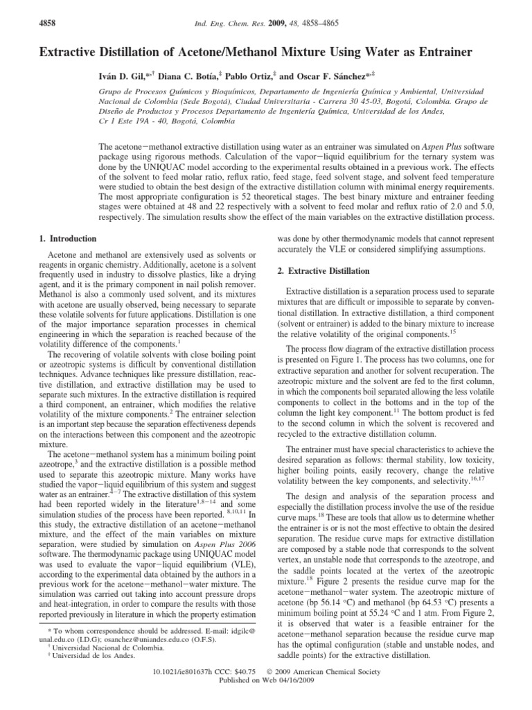 Extractive Distillation of Acetone/Methanol Mixture Using Water As ...