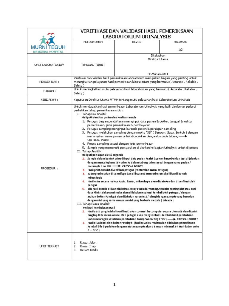 SOP Verifikasi Dan Validasi URINALYSIS | PDF