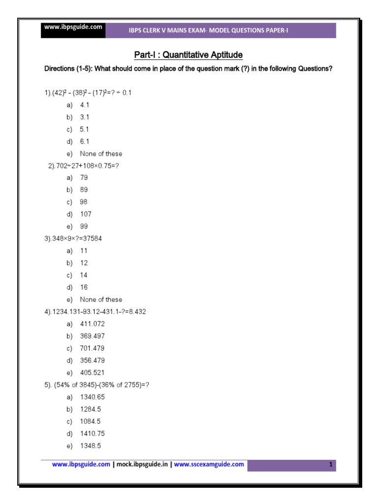 IBPS Clerk v Mains Exam- Model Question Paper-I Download in PDF-www ...