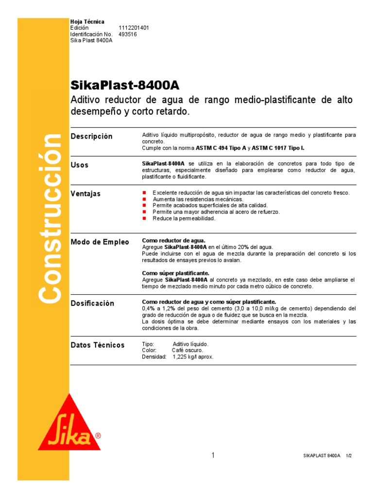 Aditivo Reductor Agua Medio Plastificante Sikaplast 8400a | PDF | Hormigón | Cemento