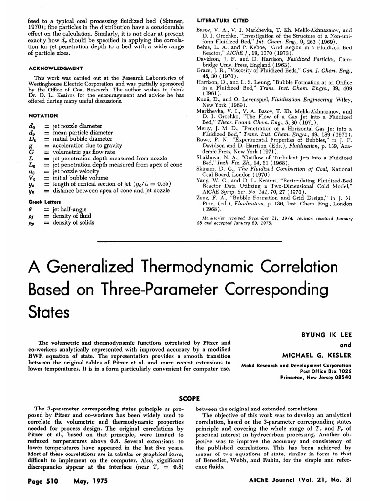 Lee Kesler, A Generalized Thermodynamic Correlation Based On Three ...