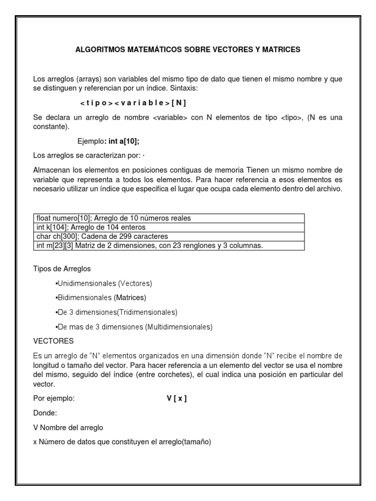Algoritmos Matemáticos Sobre Vectores y Matrices | PDF | Estructura de ...