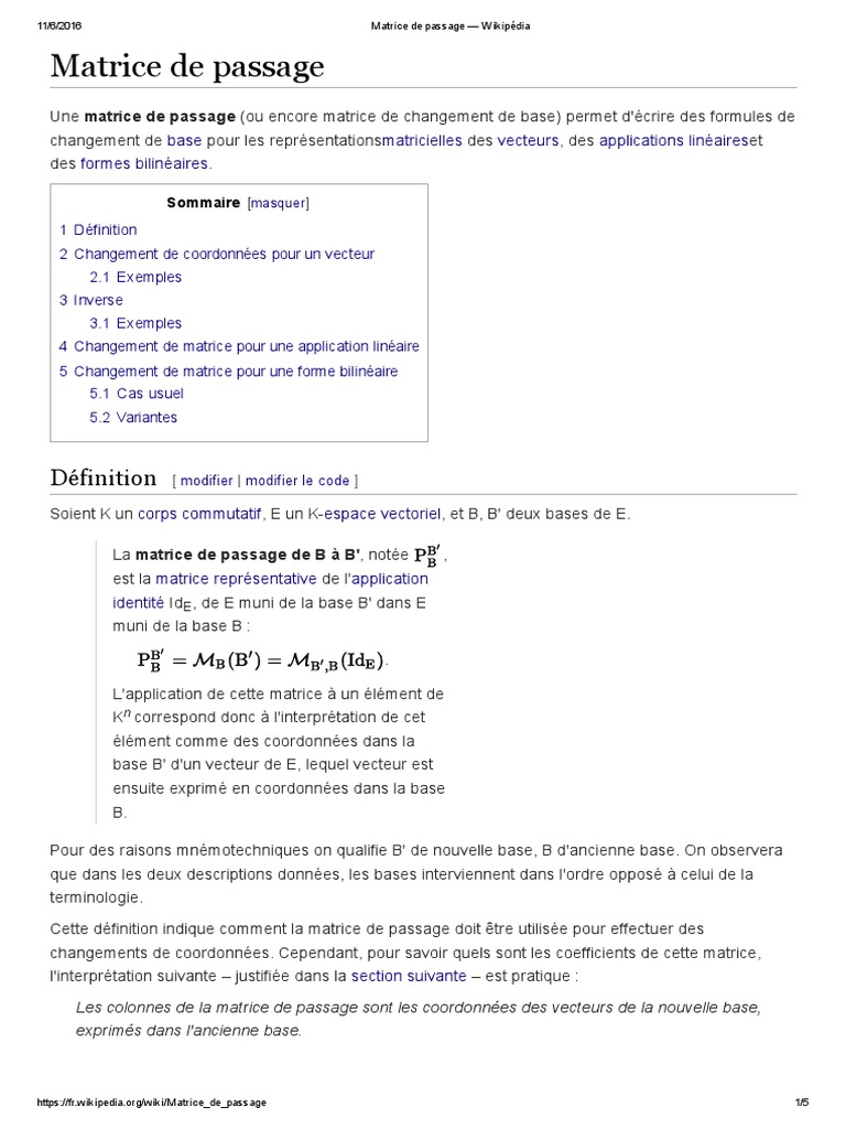 Matrice de Passage - Wikipédia | PDF | Base (algèbre linéaire ...