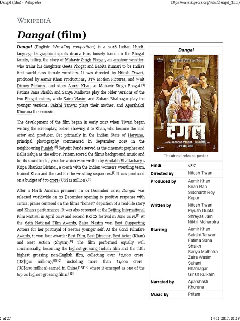Dangal (Film) - Wikipedia | PDF