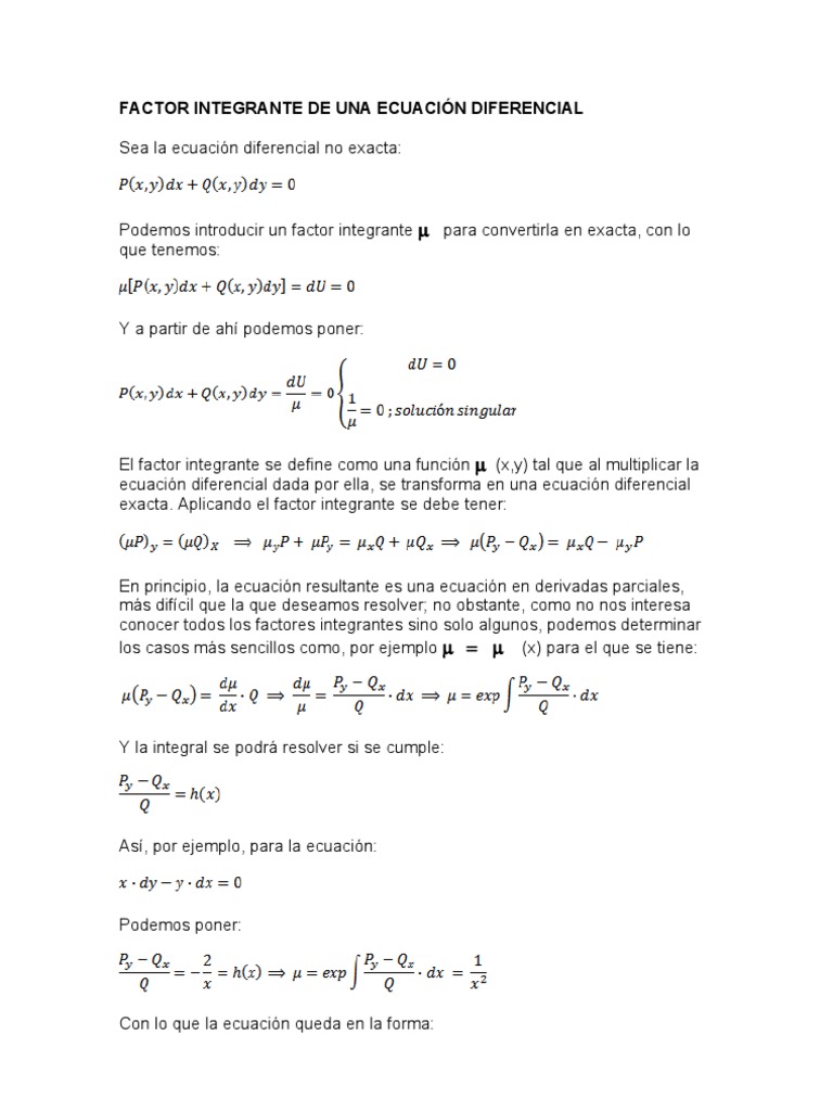 Factor Integrante de Una Ecuación Diferencial | PDF | Ecuaciones ...