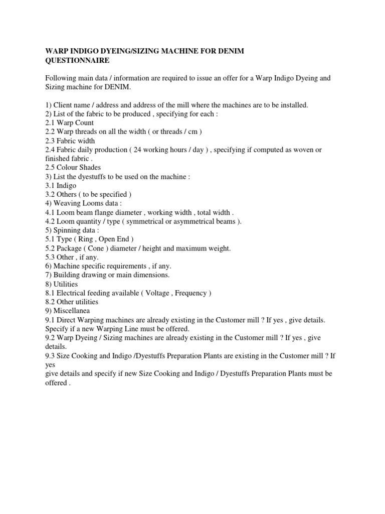 Warp Indigo Dyeing/Sizing Machine For Denim Questionnaire | PDF