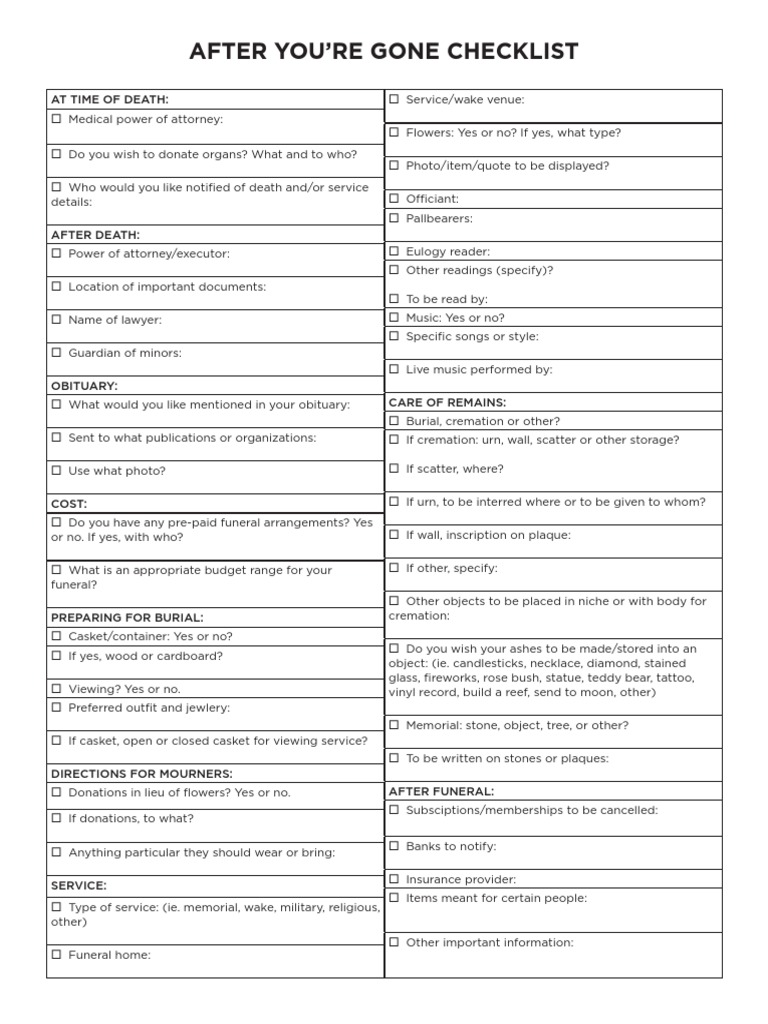 After You're Gone Checklist | PDF | Funeral | Cremation