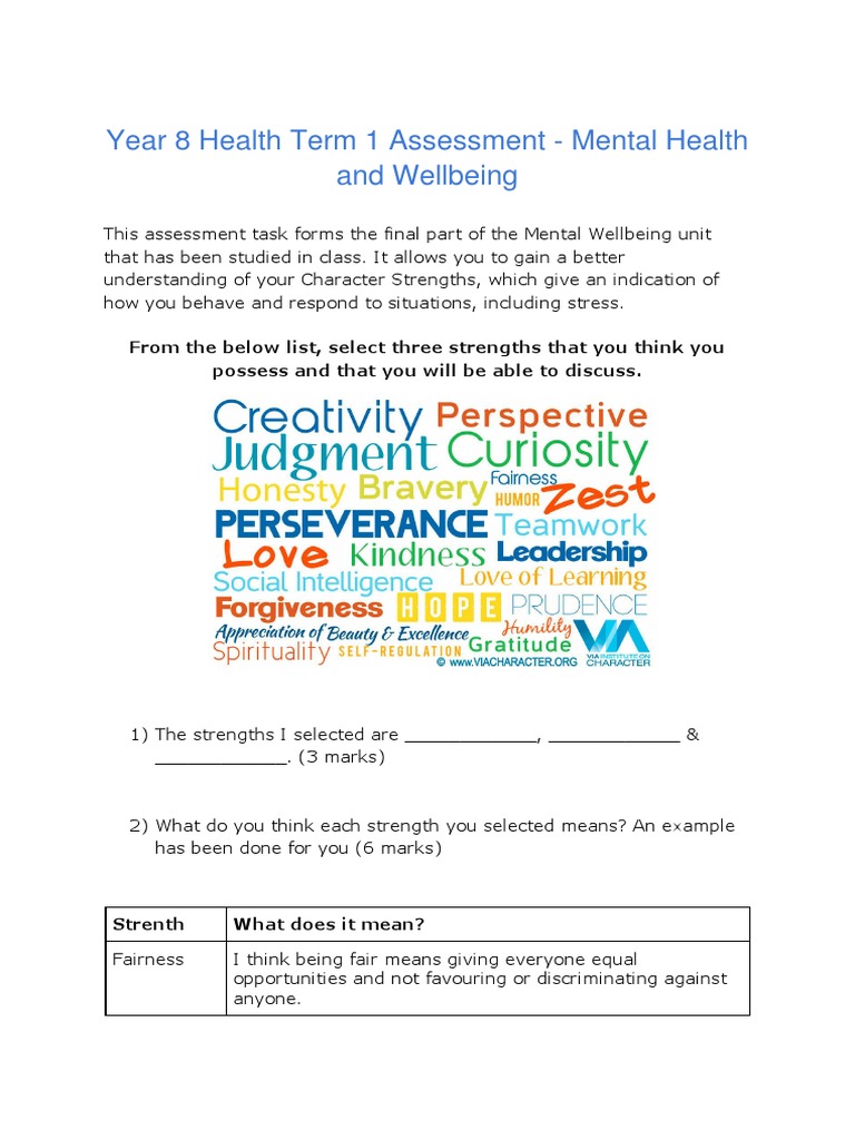 Year 8 Health Term 1 Assessment - Mental Health and Wellbeing | PDF ...