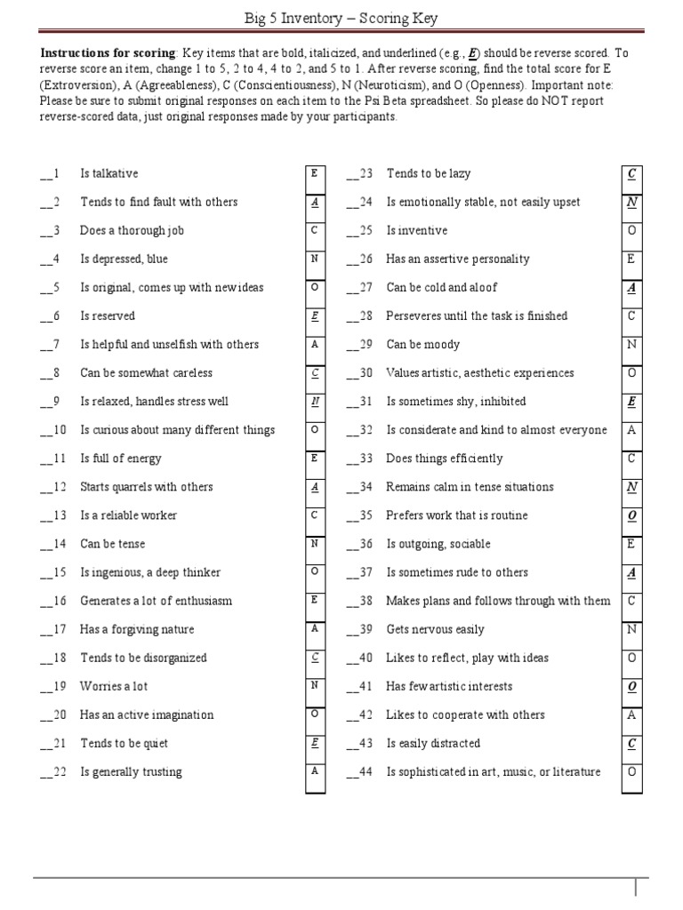Big 5 Scoring Guide for Researchers | PDF | Extraversion And ...