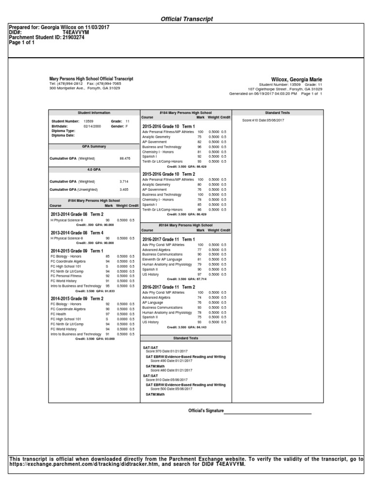 Ga Hs Transcript | PDF | Sat | Grading (Education)
