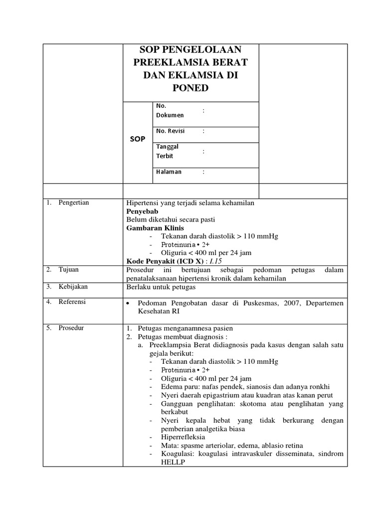 Sop Pengelolaan Preeklamsia Berat Dan Eklamsia Di Poned | PDF