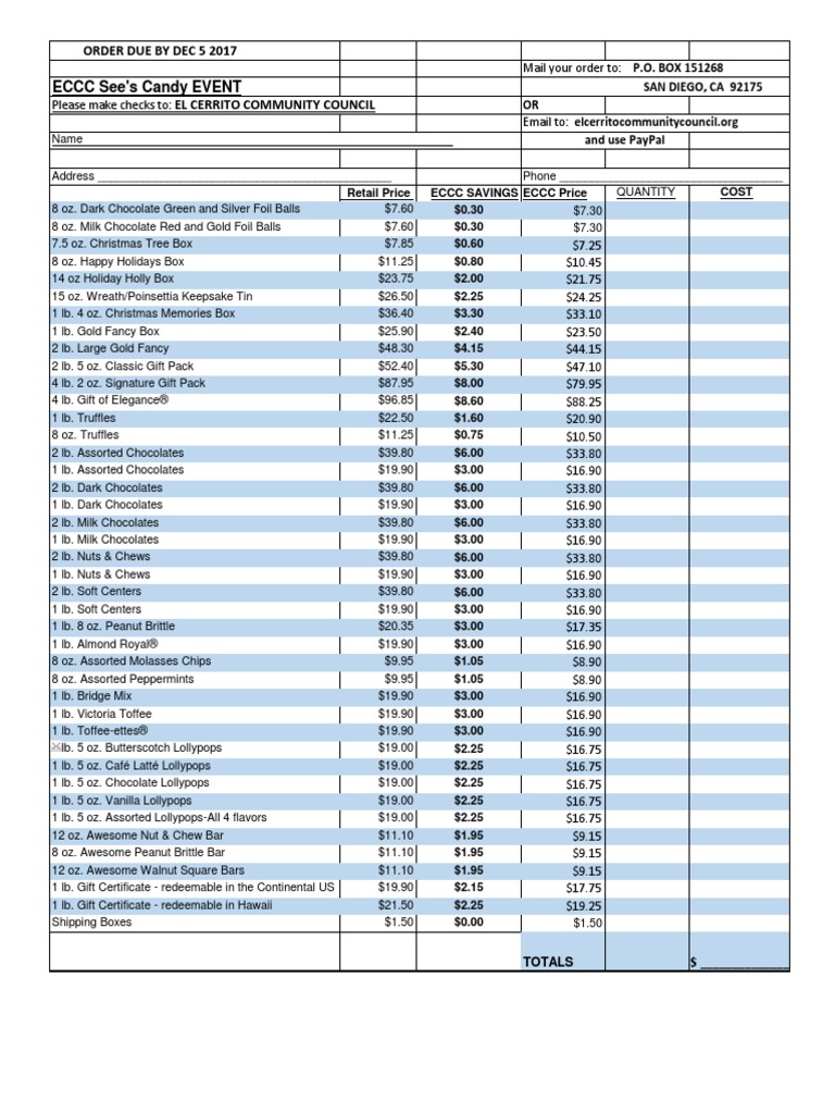 See's Candy Order Form 2017 | PDF | Chocolate | Confectionery