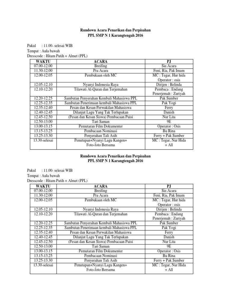 Rundown Acara Penarikan Dan Perpisahan PPL SMP N 1 Karangtengah 2016 | PDF