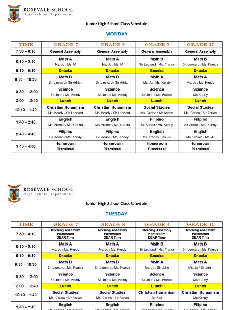 Junior High School Class Schedule (Final) | PDF | Educational ...