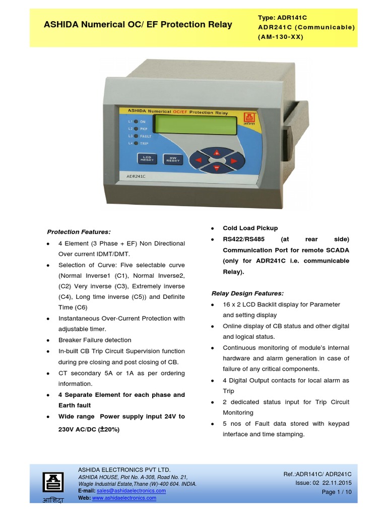 ASHIDA Numerical OC/EF Protection Relay Guide | PDF | Relay | Power Supply