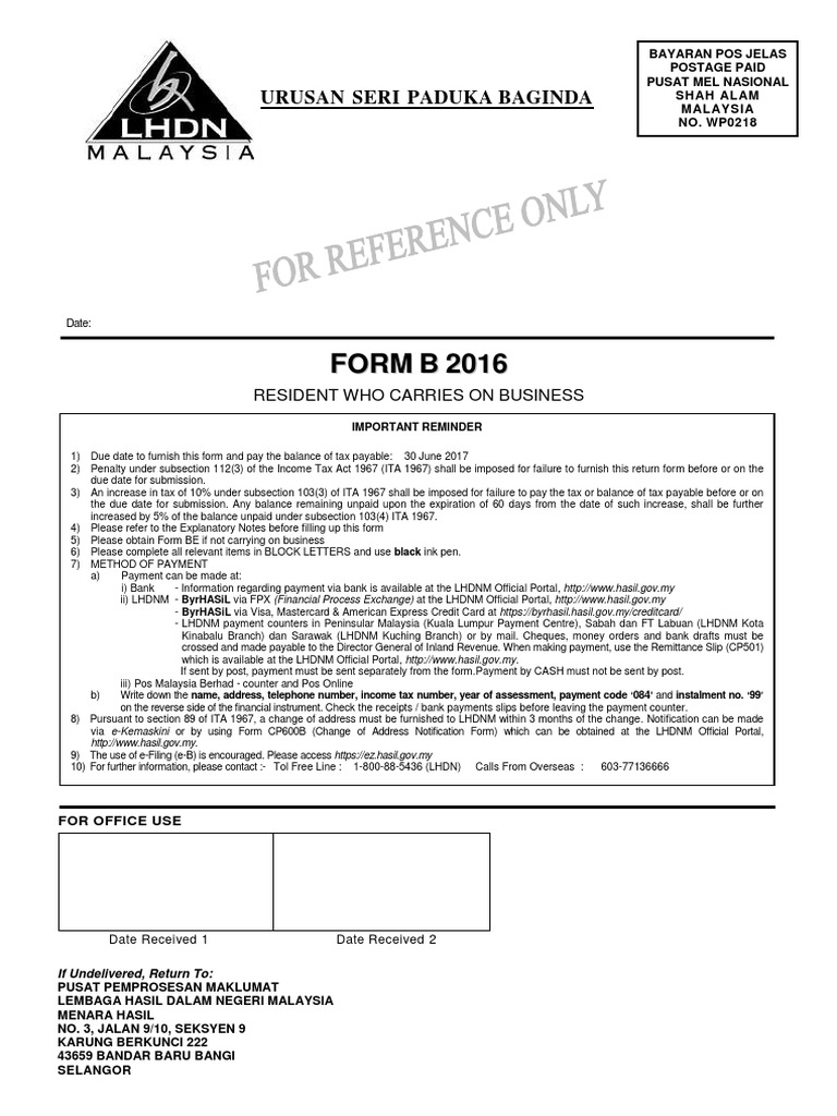Form B 2016 LHDN | PDF | Taxes | Payments