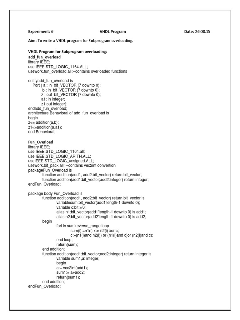 Experiment6 Vhdl Pdf Subroutine Software Engineering